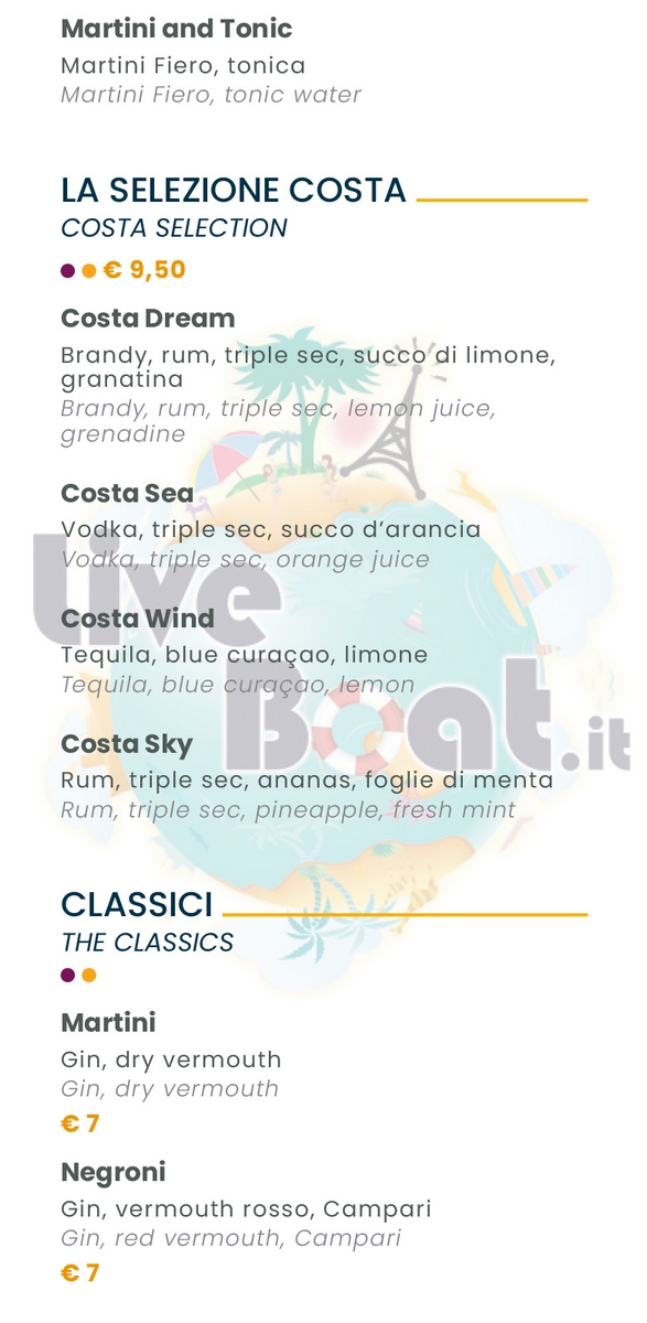 COSTA CROCIERE - Listino dei Bar "COCKTAIL & DRINKS" - Liveboat sito ...