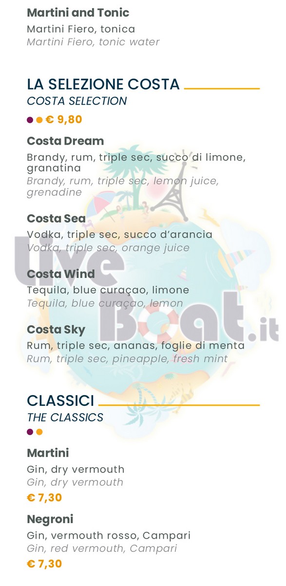 COSTA CROCIERE - Listino dei Bar "COCKTAIL & DRINKS" - Liveboat sito ...