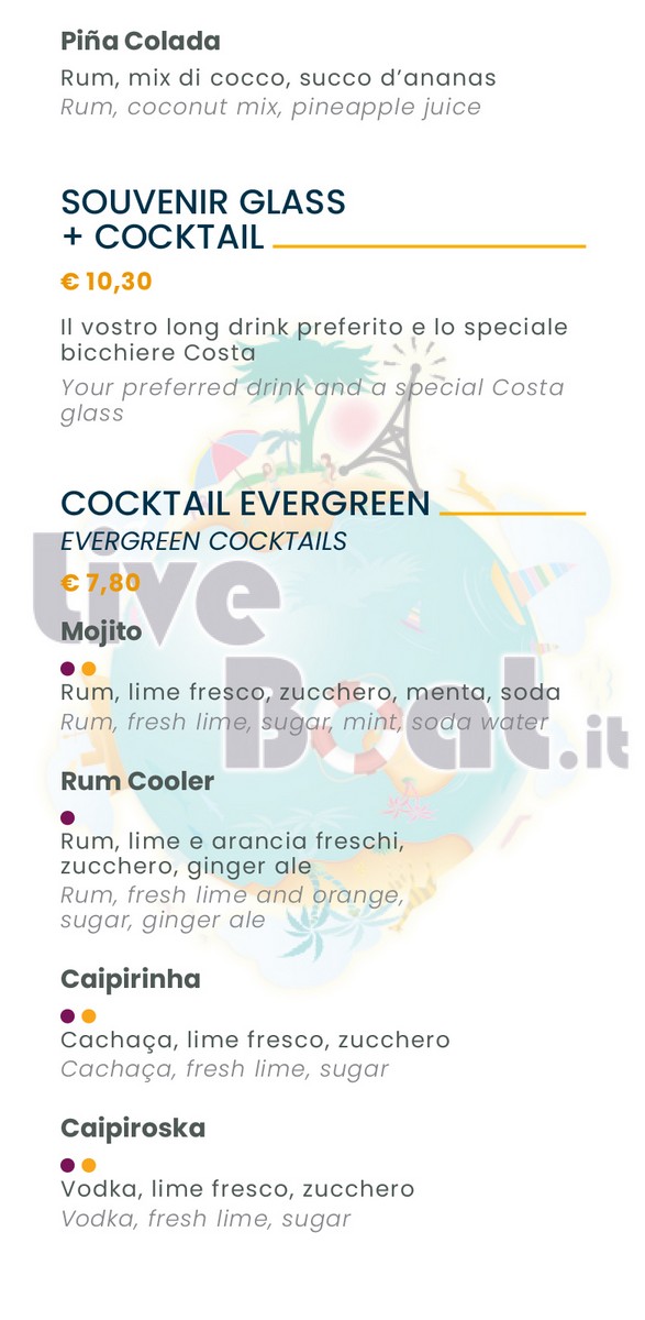 COSTA CROCIERE - Listino dei Bar "COCKTAIL & DRINKS" - Liveboat sito ...
